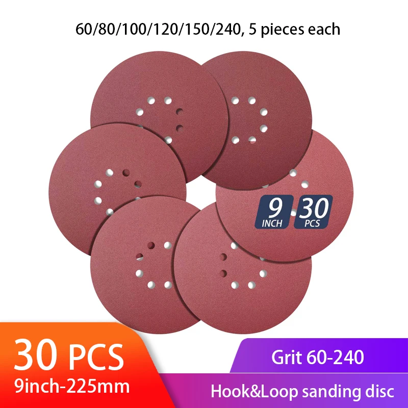 9 Inch 8 Hole Sanding Discs 30 PCS Assorted Hook and Loop Sandpaper ...