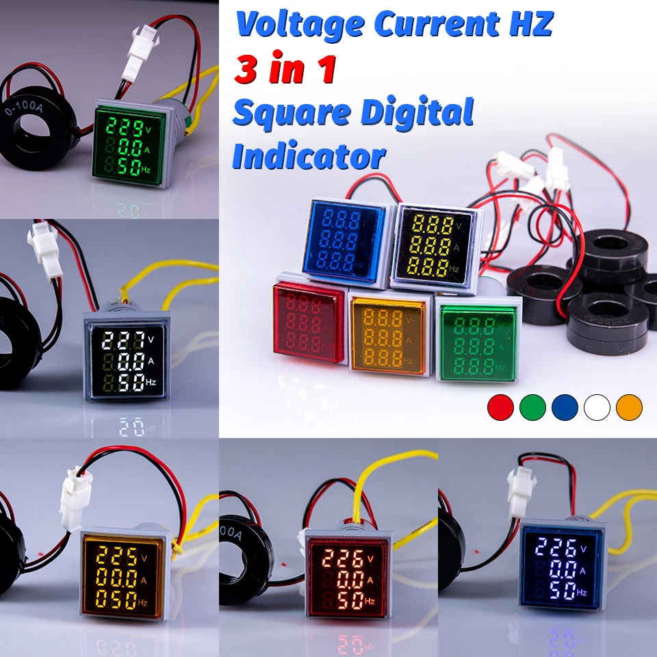 22mm-AC-60-500V-1-100A-Voltmeter-Ammeter-Hz-Indicator-Digital-20-75Hz ...