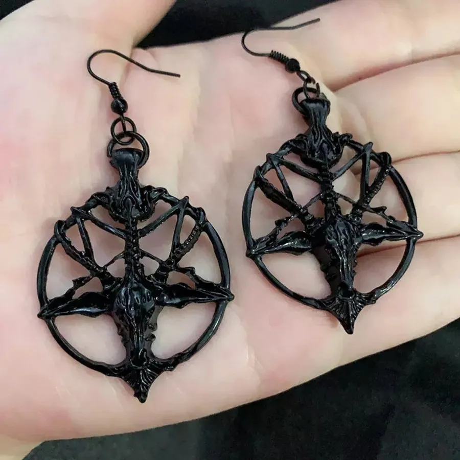 Retro Satan Pentagram Goat Head Skull Earrings Demon Round Pendant ...