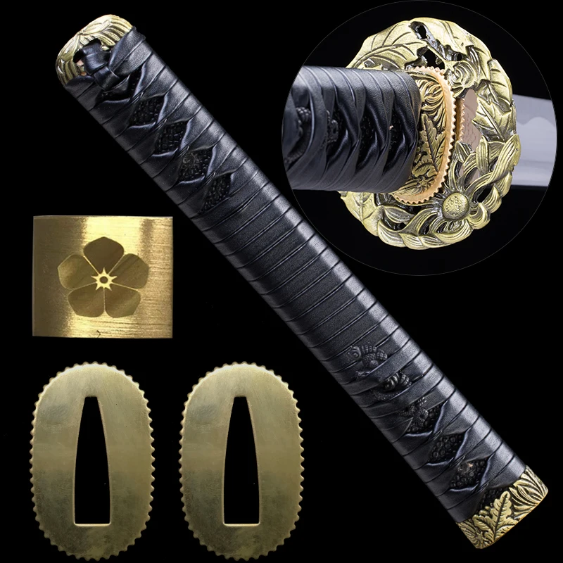 Katana-Handle-Set-Wrapped-With-Black-Fake-Leather-Bronze-Tsuba-Fuchi ...