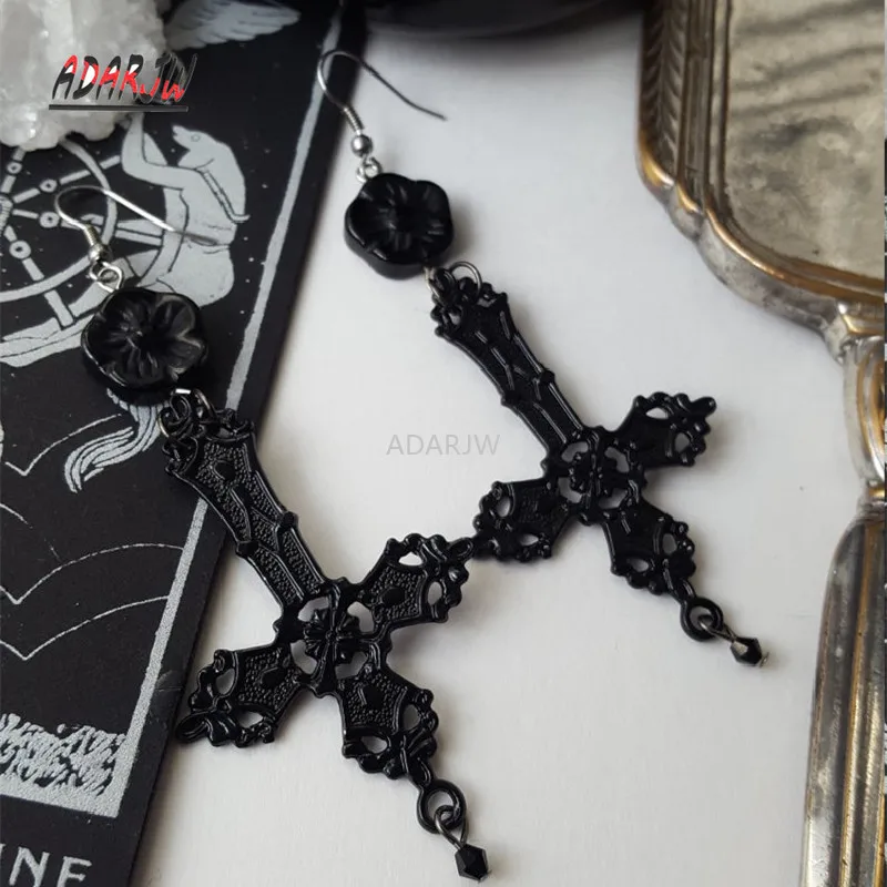 Gothic-Black-Inverted-Cross-Earrings-Alternative-Large-Statement-Trad ...