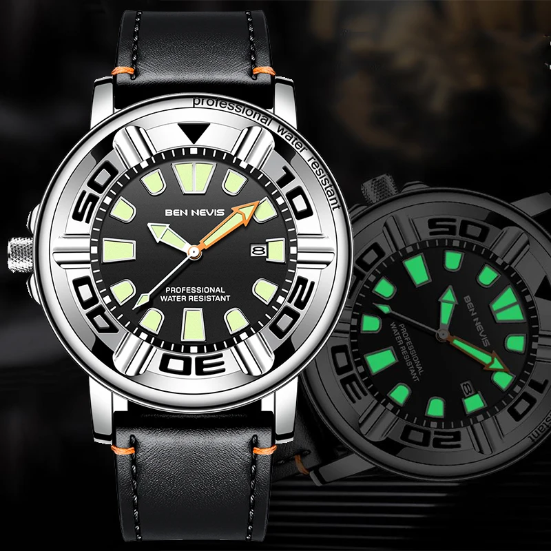 BEN NEVIS Luminous Quartz Watch Men Creative Sport Military Leather ...