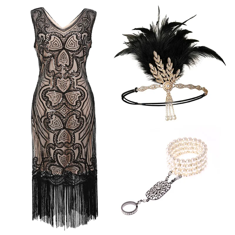Vestido Flapper con flecos de Gatsby para mujer, vestido de lentejuelas ...