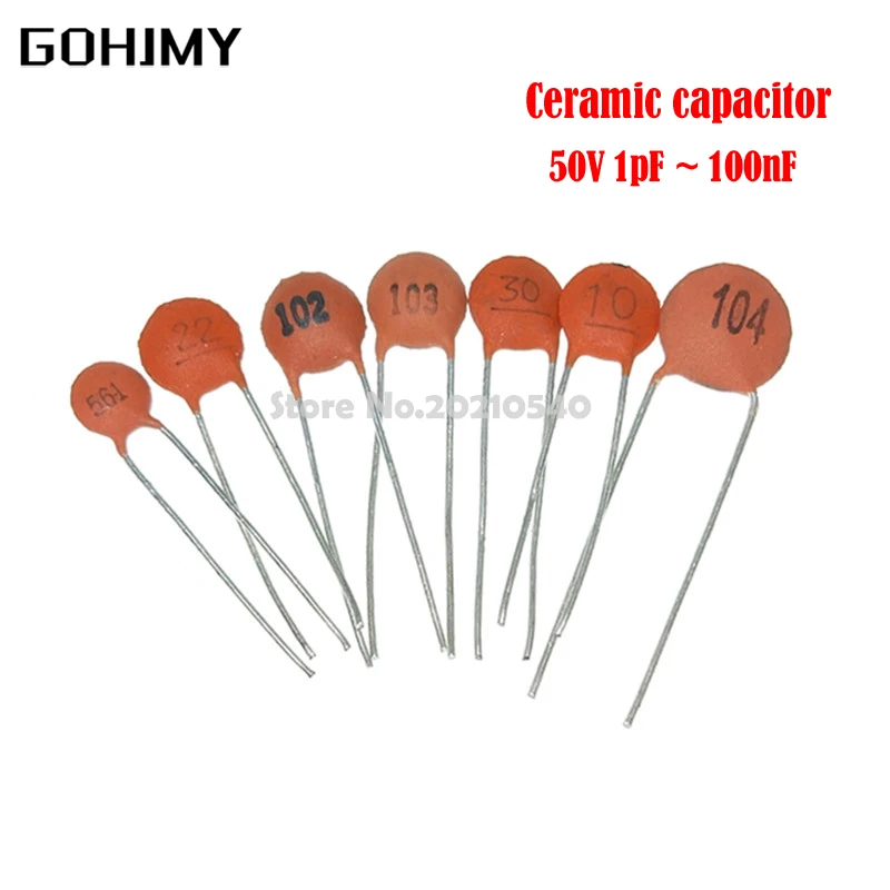 100pcs 50V 1pF ~ 100nF capacitor Cerâmico 0.1uF 104 4.7PF 10PF 22PF 33PF 47PF 100PF 101 220PF ...