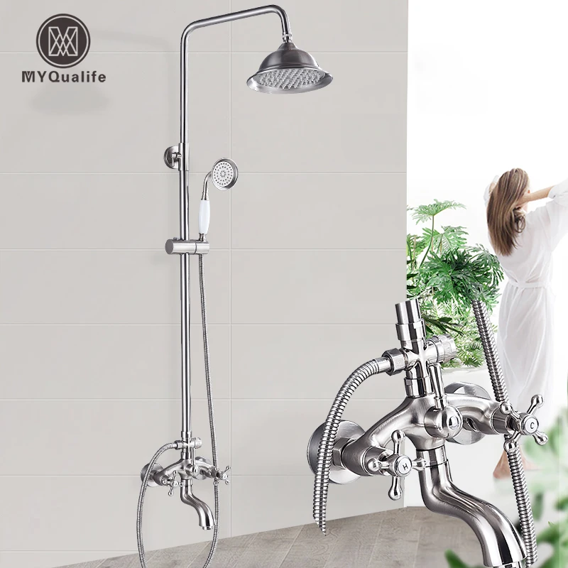 Brushed Nickle Bathroom Shower Faucet Mixer Set 8" Rainfall Shower Head ...