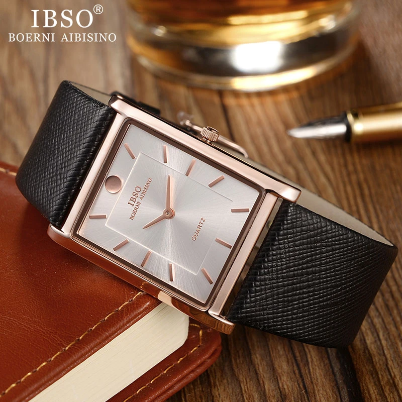 IBSO Ultra Thin Rectangle Dial Men Watches Soft Leather Strap Quartz ...