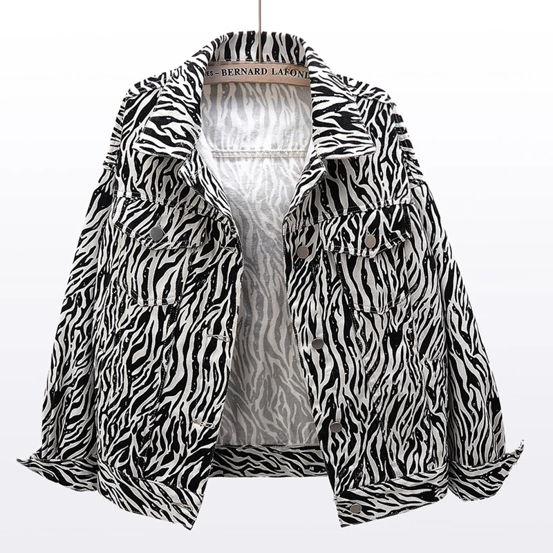 Zebra-Pattern-Print-Short-Denim-Jacket-Women-3-Color-Loose-Long-sleeve ...
