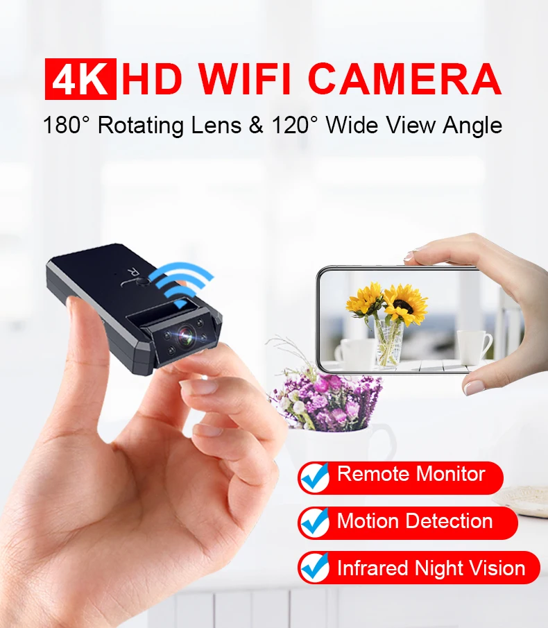 4k Wifi Mini Camera Rotate 180 Degrees Wireless Smart Home Hd Camcorder ...