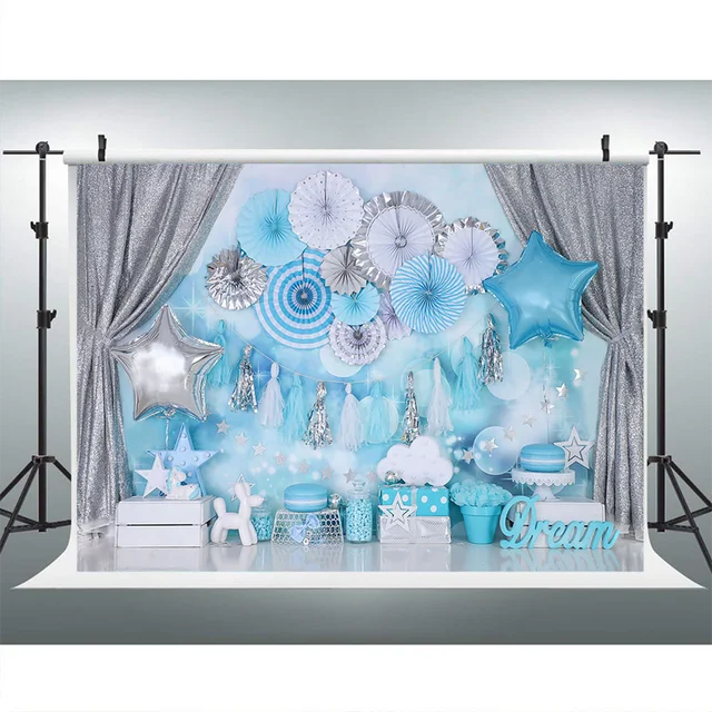 Boy 1st Birthday Background for Photography Glitter Silver Curtain Blue ...