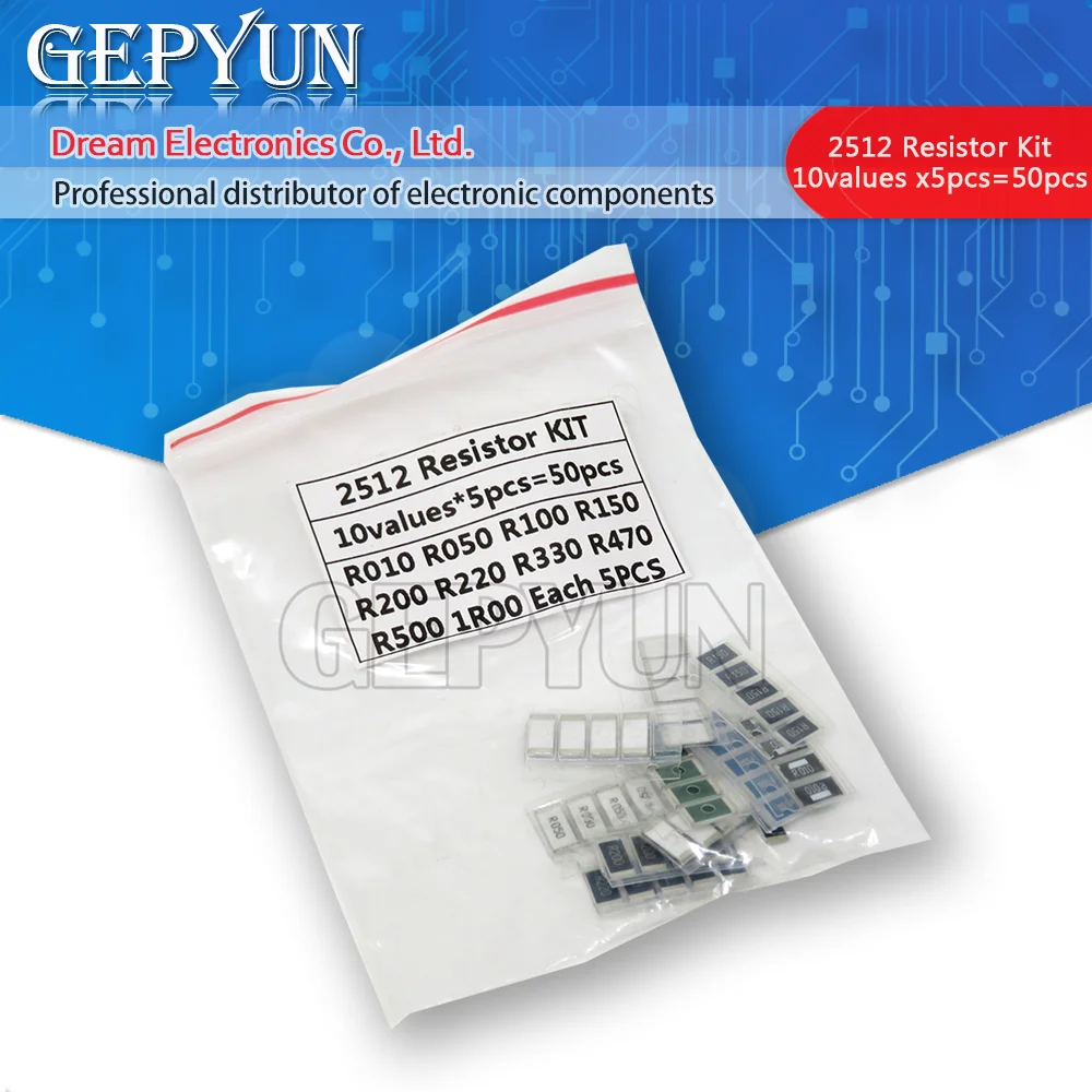 50PCS-1-2512-SMD-Resistor-Samples-kit-10ValueX5PCS-50pcs-1R00-R500-R470 ...
