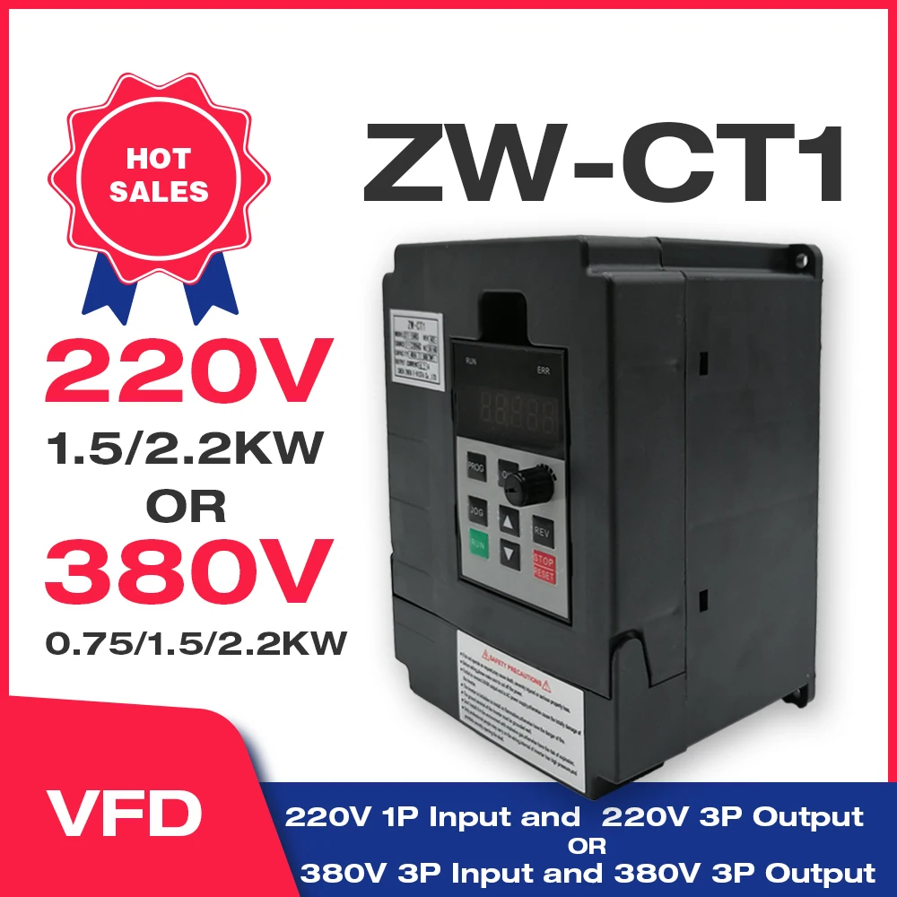 VFD Inverter VFD 1.5KW/2.2KW Frequency Inverter ZW-CT1 3P 220V 380V Output Frequency Converter ...