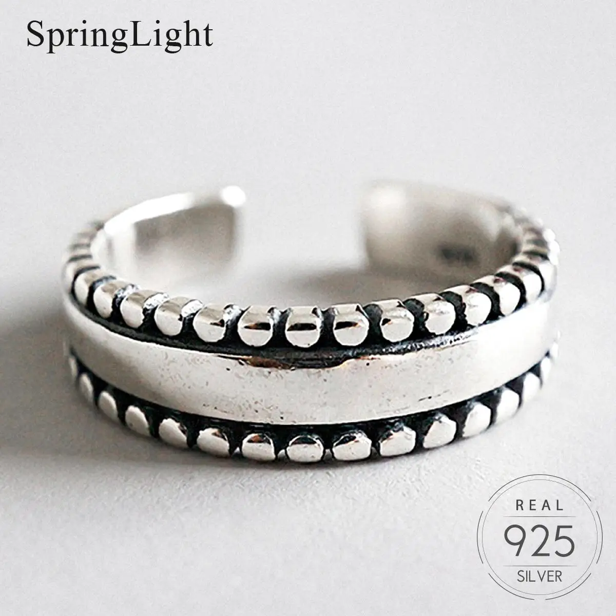 Springlight ส่วนบุคคล Retro ลูกปัดแหวนเรียบจริง 925 เงินสเตอร์ลิงสร้างสรรค์ Handmade ออกแบบ ...