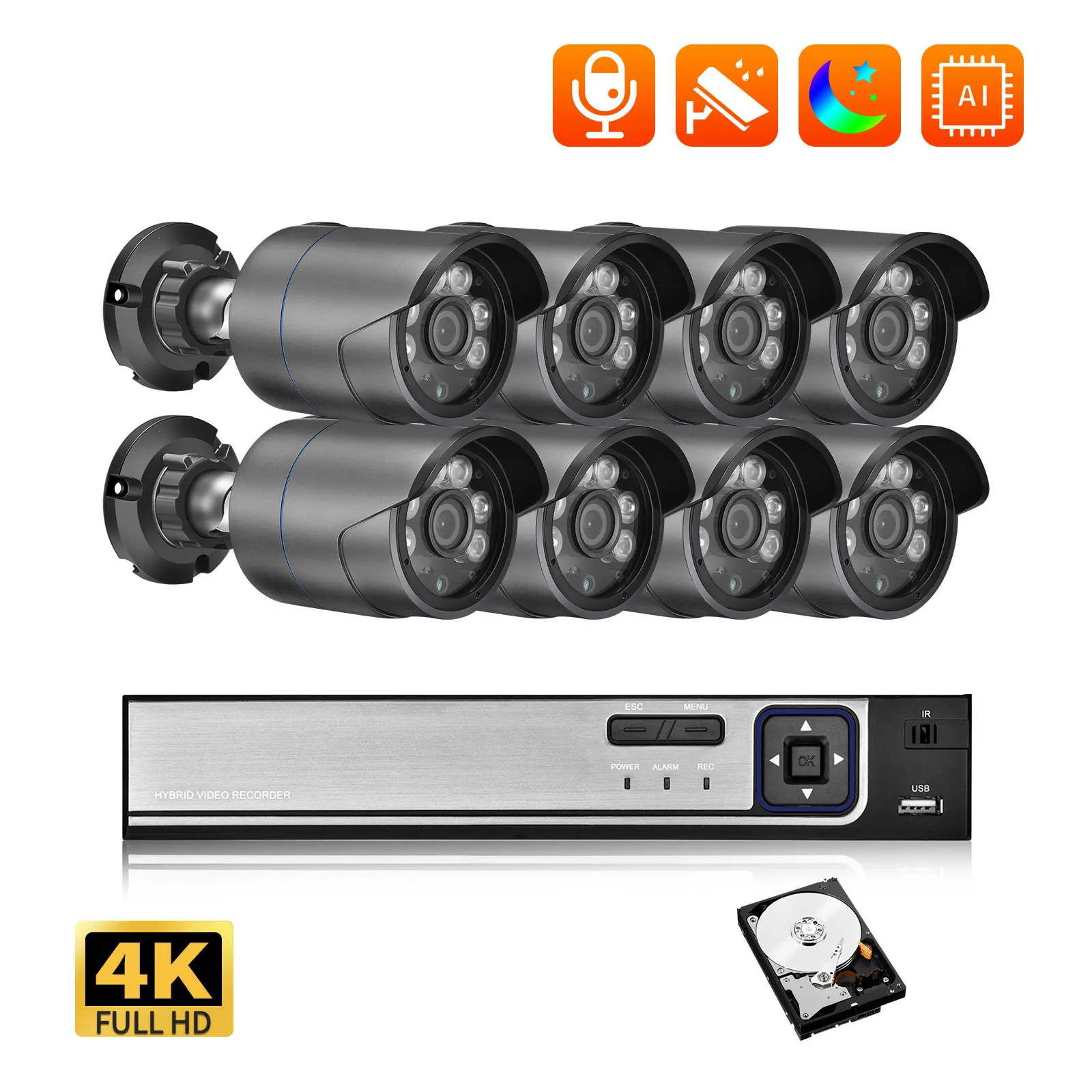 Gadinan HD CCTV System POE Outdoor Waterproof 8CH 4K 8MP NVR H.265 ...