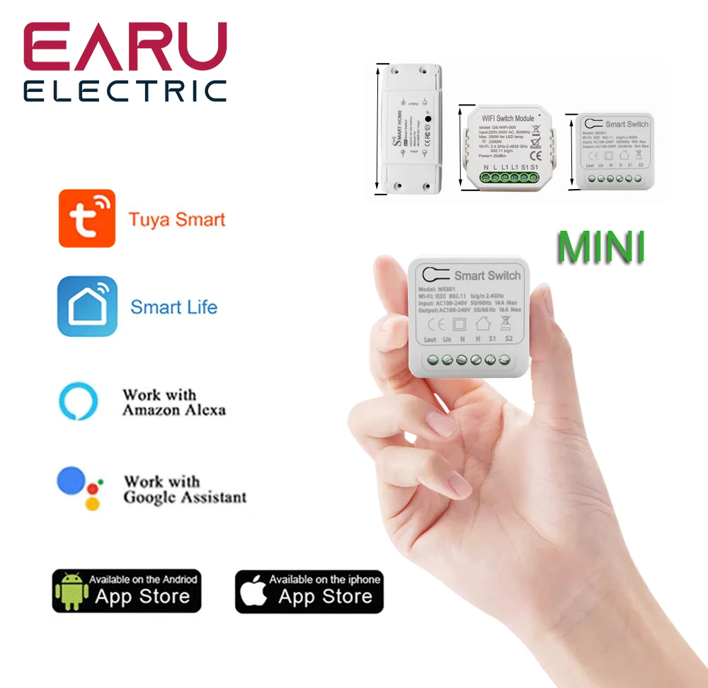 Tuya 16A 소형 똑똑한 Wifi DIY 차단기 스위치는 2 방법 통제를 지원한다 똑똑한 가정 자동화 단위는 Alexa Google 가정을 사용한다|스위치 ...