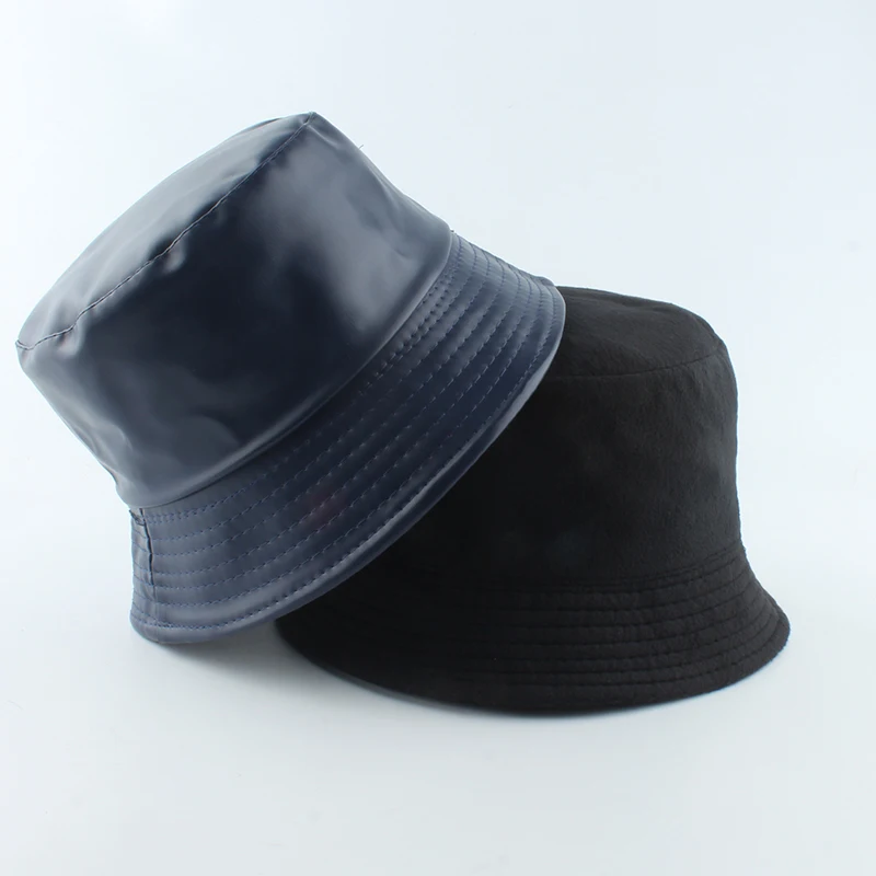 Autumn Winter Bucket Hat Faux Leather Bucket Cap Men Women Fashion ...