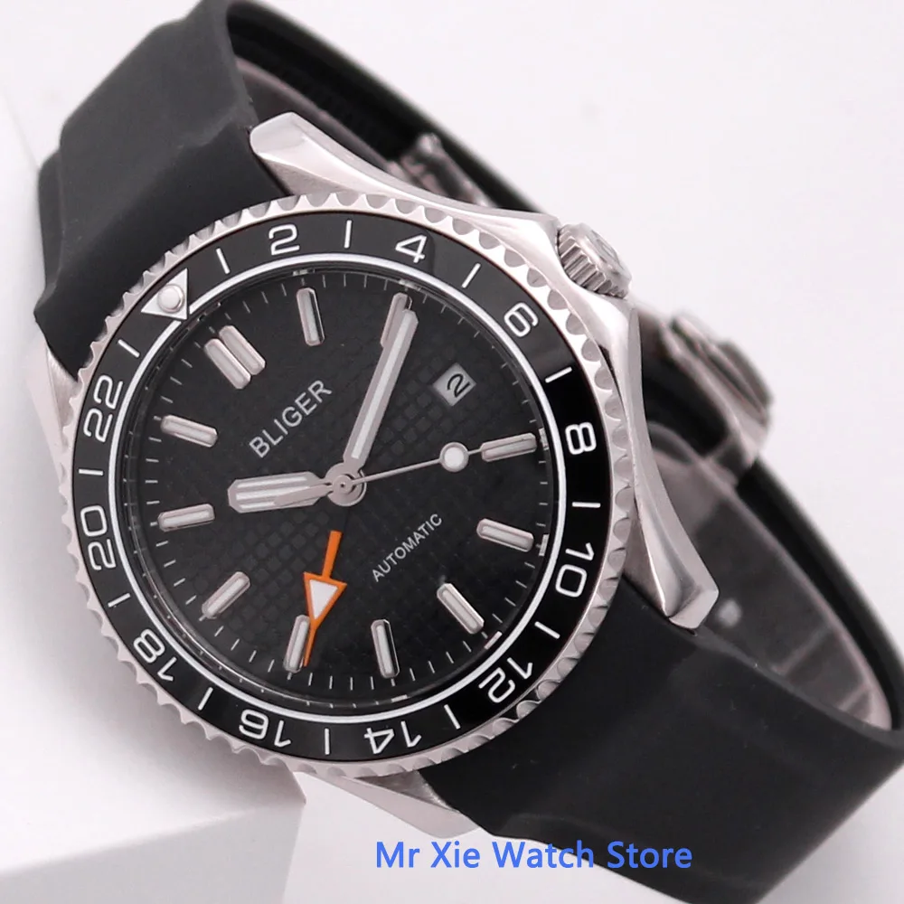 Bliger 41mm Black Dial Automatic Mechanical Mens GMT Watch Luminous ...