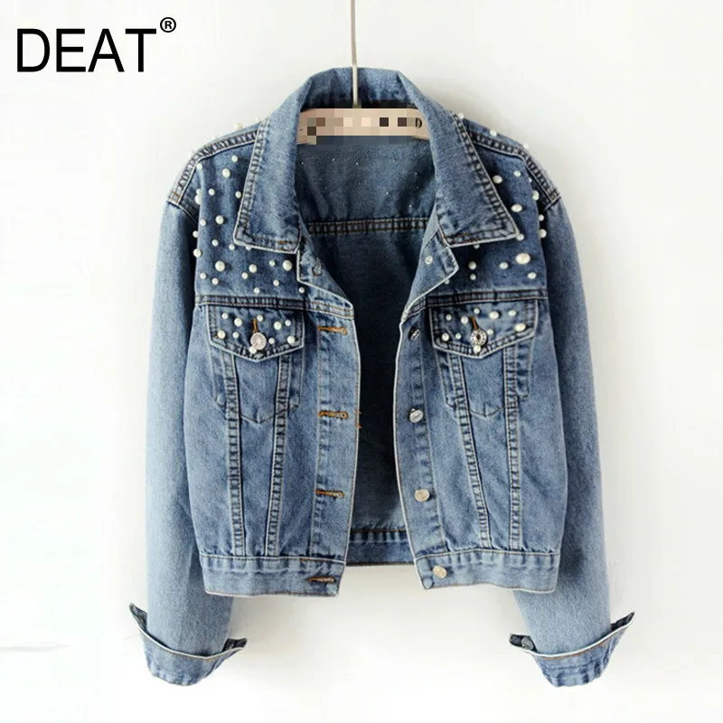 Women Pearl Embellished Denim Jacket With Long Sleeve JKP4722