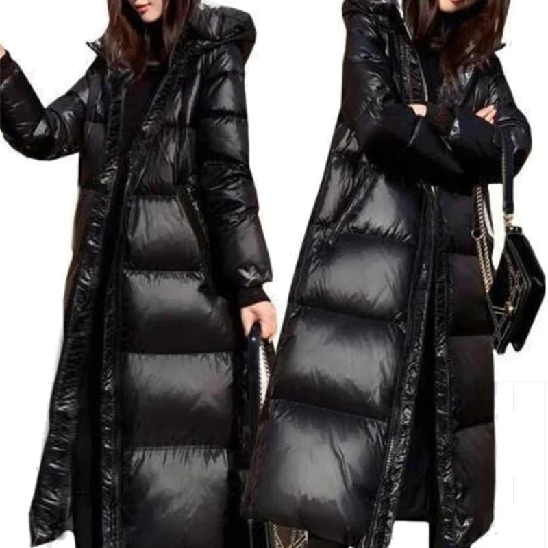 Parka negra brillante para mujer, Chaqueta larga holgada con capucha ...