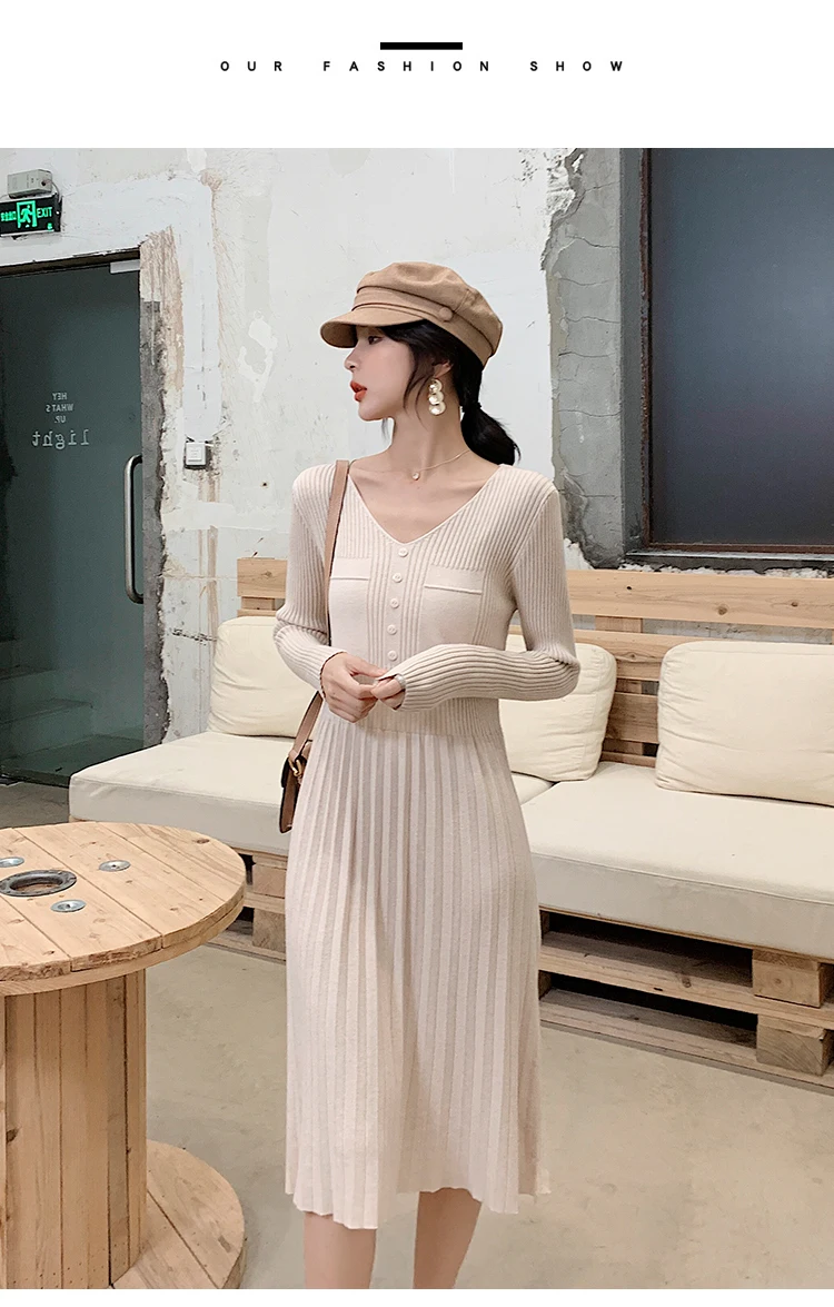 Корейское женское осень платья женские вязаное платье свитер теплое ...