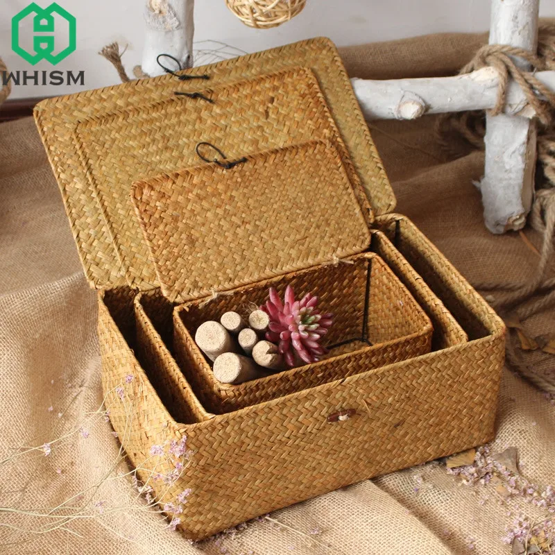 WHISM Handmade Woven Storage Box with Lid Rattan Storage Basket Jewelry ...