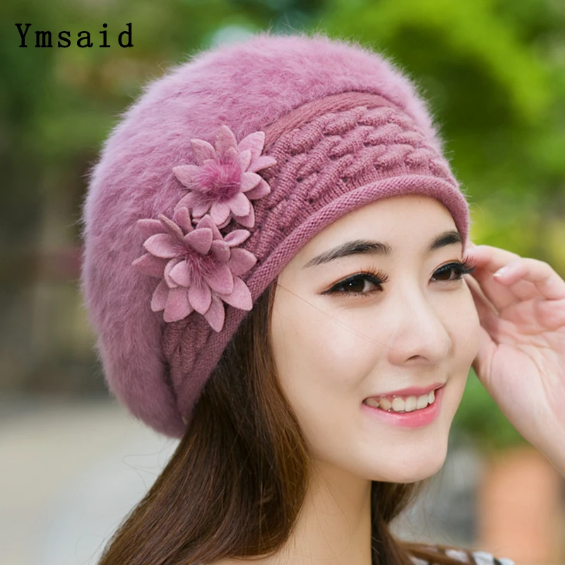 Ymsaid gorros tejidos elegantes para mujer, gorro de piel de conejo ...