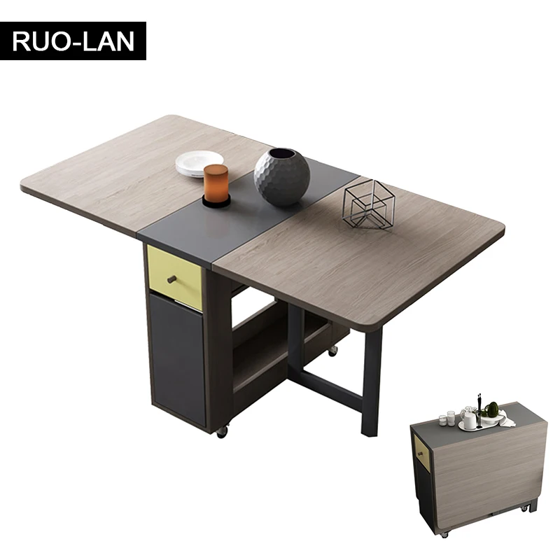 Folding Dining Table With Storage Rack And Two Storage Drawers, Movable ...