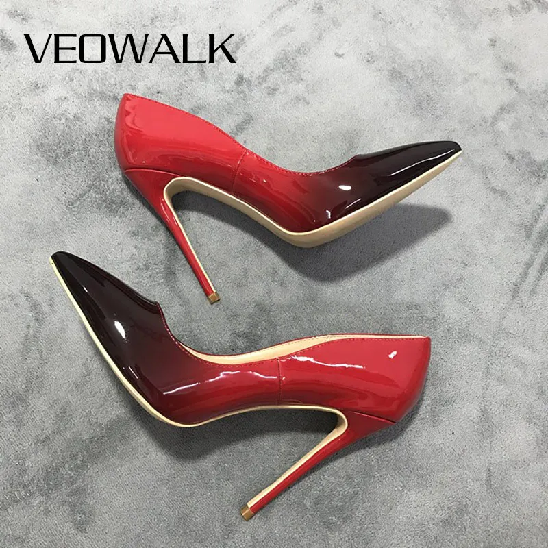 Veowalk Gradient Colors Red Black Women Patent Leather Stiletto High ...