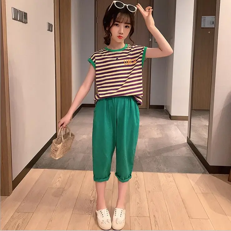 Summer Baby Girl set Clothes Teenage Girl Sleeveless Striped Tank Top ...