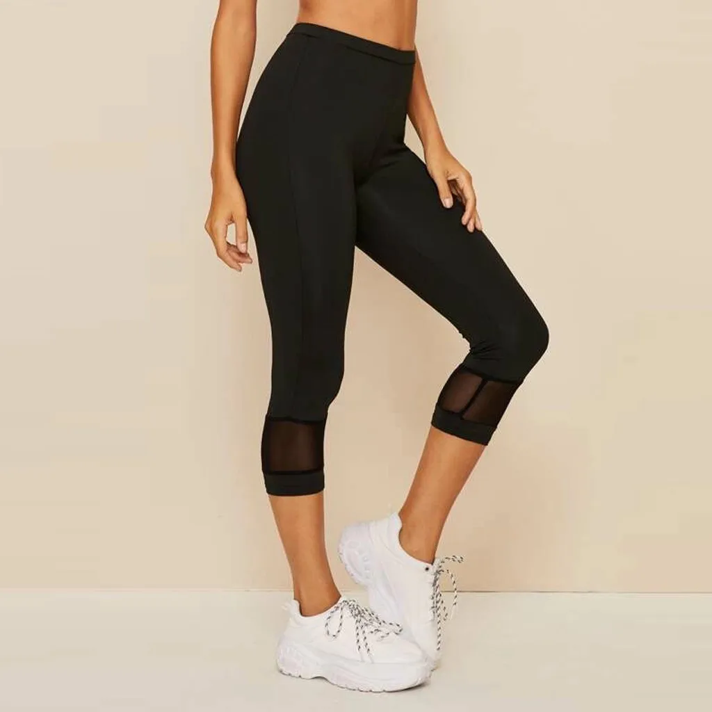 3/4 Women Mesh Sport Fitness Leggings High Waist Capri Tights Pants Solid Sports Wear For Women ...
