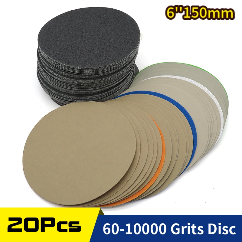 20pcs-6-Inch-150mm-Waterproof-Sanding-Discs-Hook-Loop-Silicon-Carbide ...