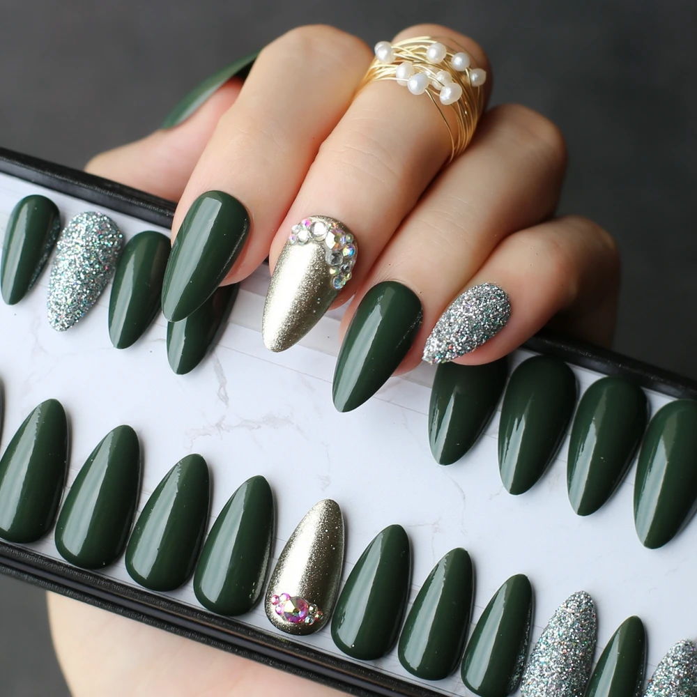 Green Uv Stiletto Shiny Silver Glitter Crystal Diamond False Nails ...