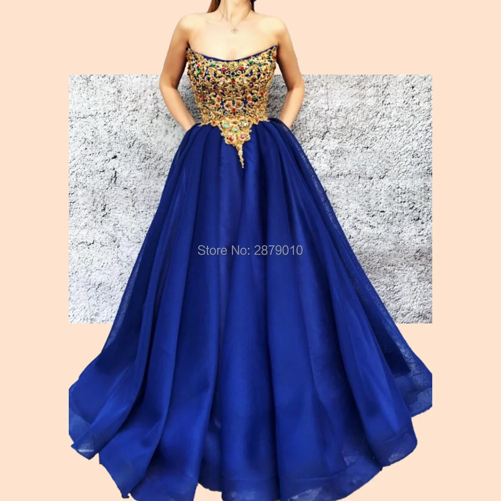 Junoesque Royal Blue A Line Evening Dress Beaded Women Dress Full ...
