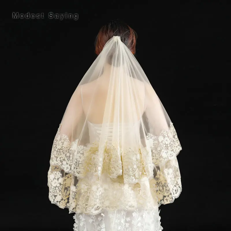 Luxury 3 Meters Champagne Lace Trim Wedding Veils 2019 Formal Women ...