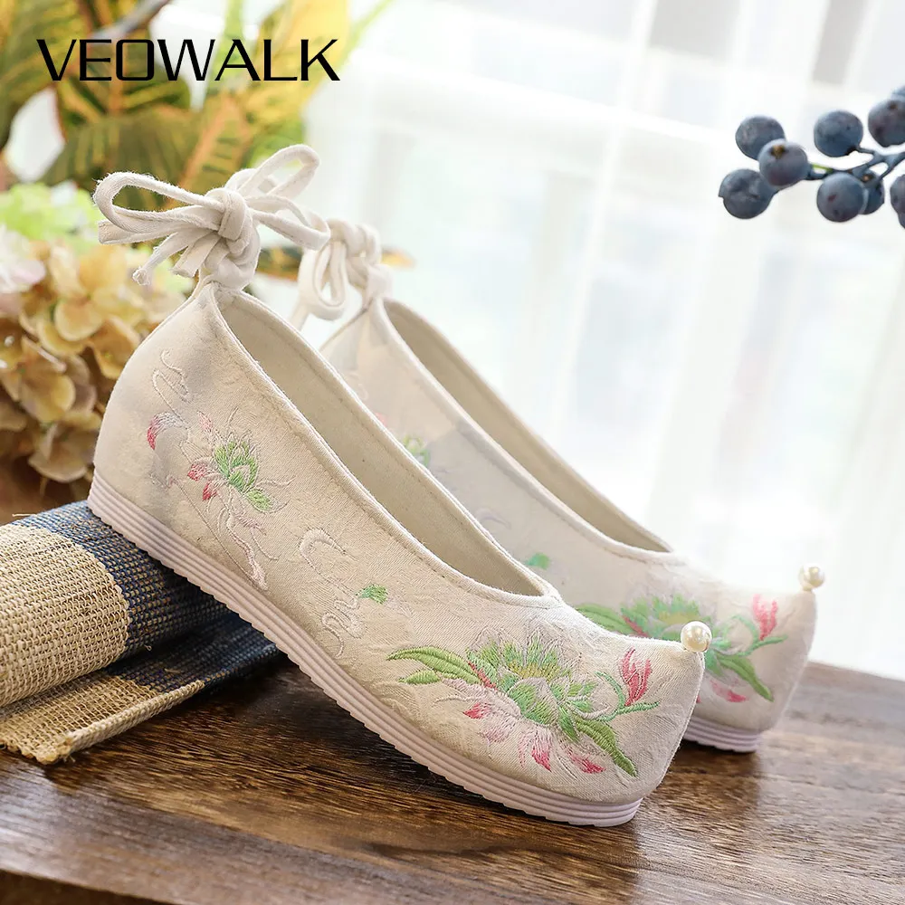 Veowalk 진주 지적 발가락 여성 코 튼 원단 플랫 신발 숙 녀에 대 한 수 제 전통 중국어 수 놓은 플랫폼 신발여성용