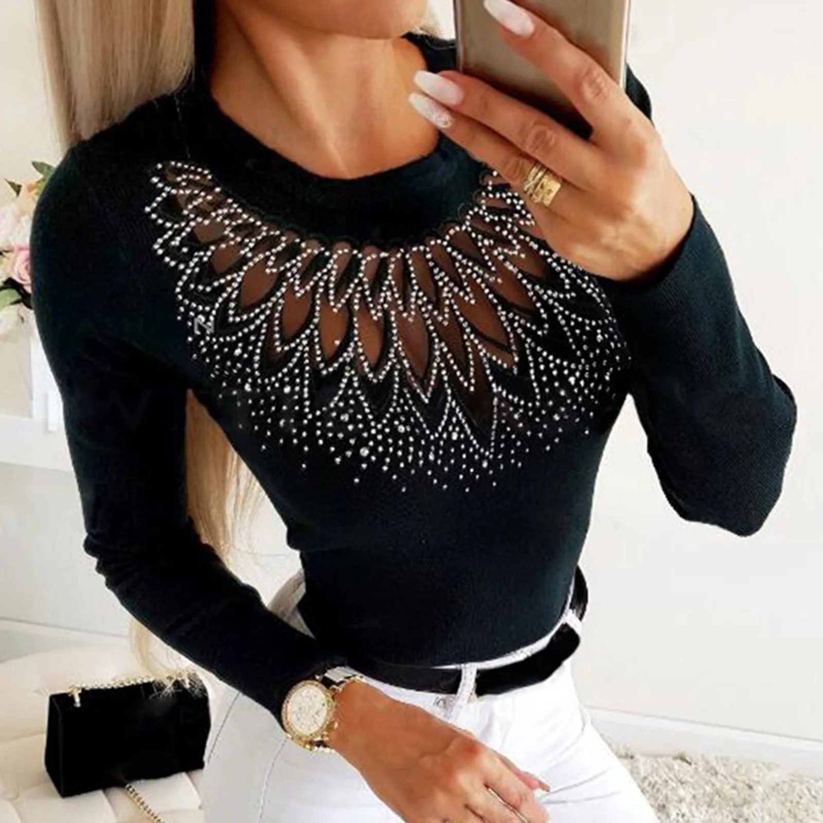 Blusa de malha de strass feminina, blusa de manga comprida feminina ...