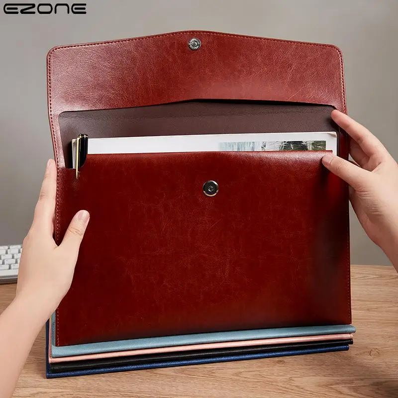Ezone 33*24cm A4 Leather Business Felt Folder Classic Snap Design Large Capacity Document Bag ...