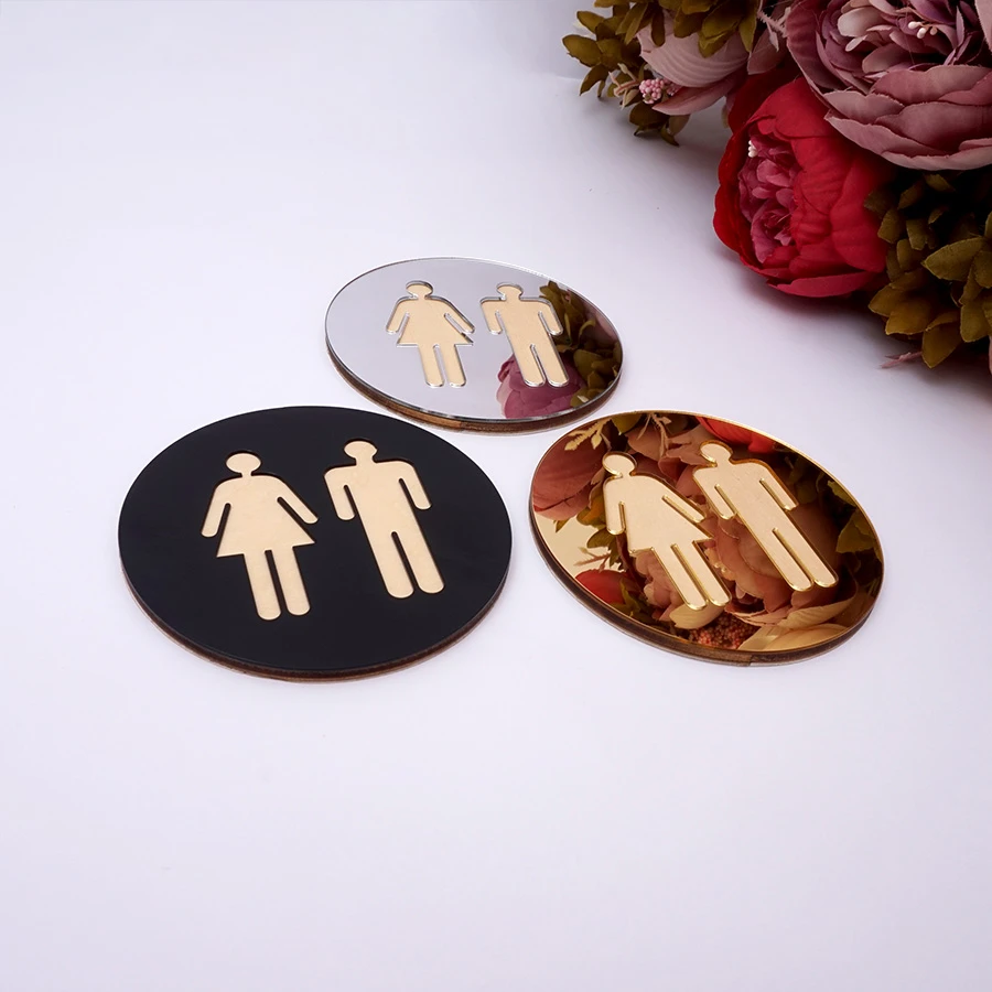 5mm 3D Acrylic Mirror Round Toilet Door Sign Bathroom WC Black Gold ...