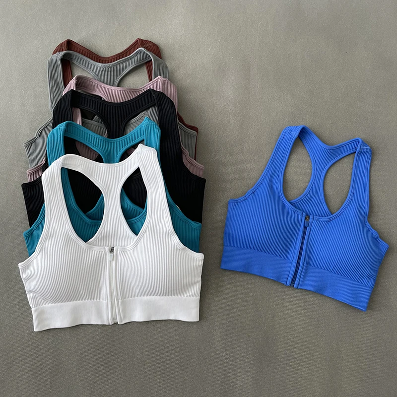 Women's Sports Top Front Zipper Push Up Bra Knitted Fitness Crop Top Sexy Yoga Running Vest ...