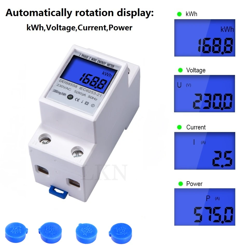 Din Rail kWh Meter 1 Phase 2 Wire LCD Digital Display Power Consumption ...