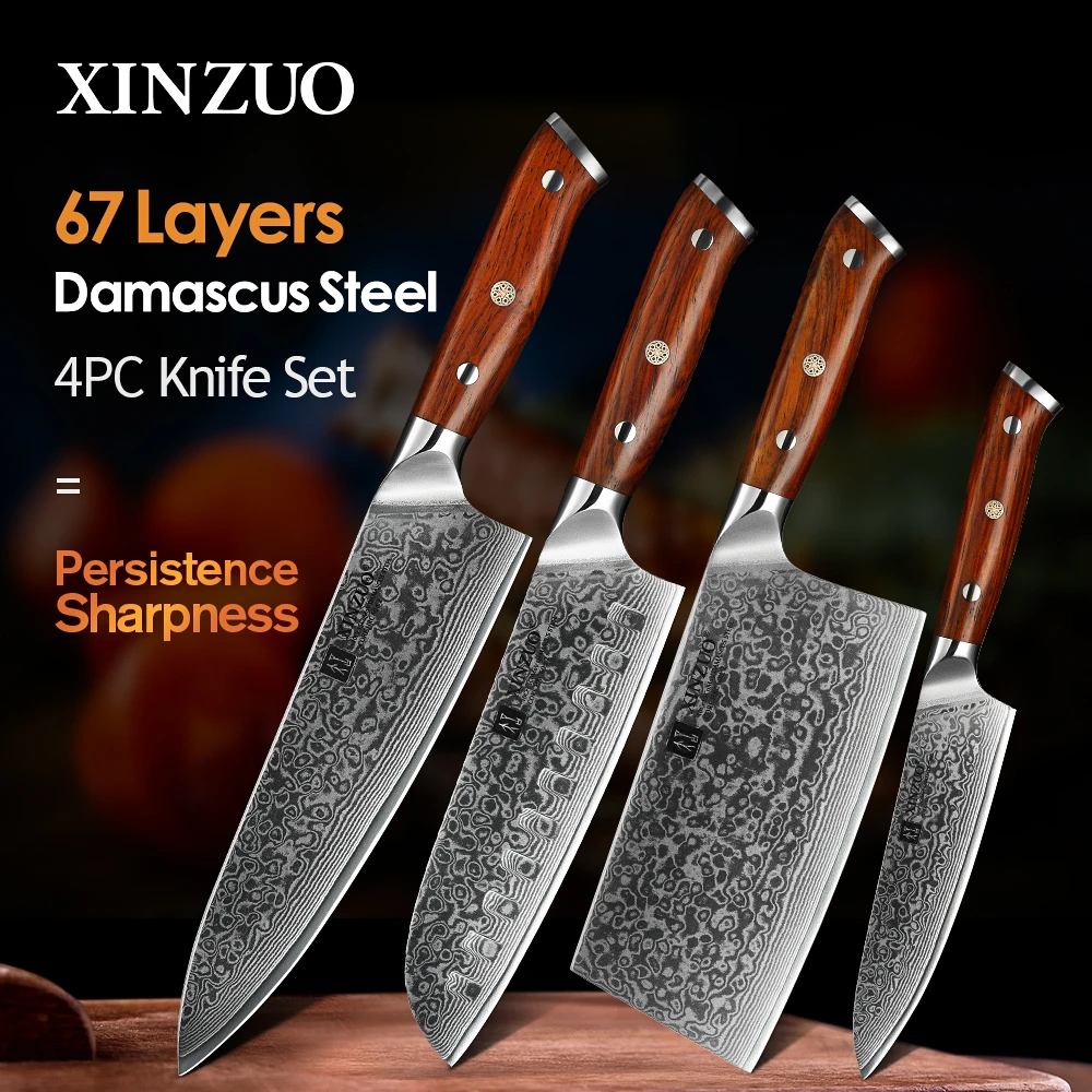 Xinzuo 4pcs Kitchen Knife Set Vg10 Damascus Steel Big Cleaver Chef ...