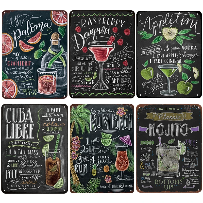 Tin Sign Vintage Cocktails | Cocktail Poster Beer Signs | Metal Poster ...