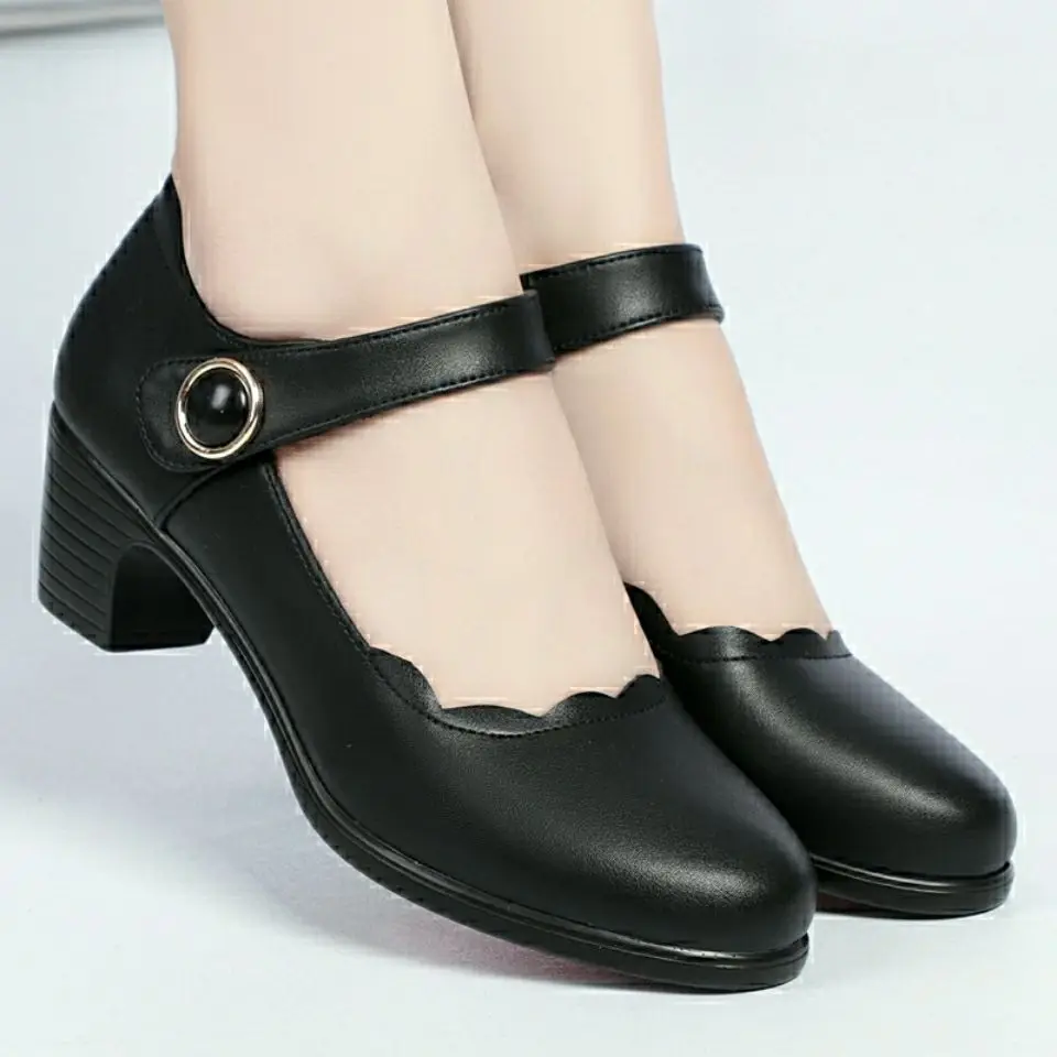 Women Classic Black Pu Leather Round Toe Office High Heel Shoes Ladies ...