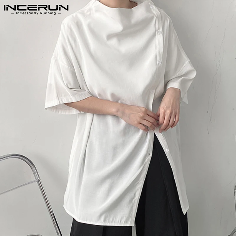 2024-Men-Irregular-Shirt-Solid-Color-Turtleneck-Half-Sleeve-Button ...
