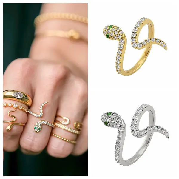 Green Zircon Snake Opening Ring 24k Gold Plated Silver Luxury Fine ...
