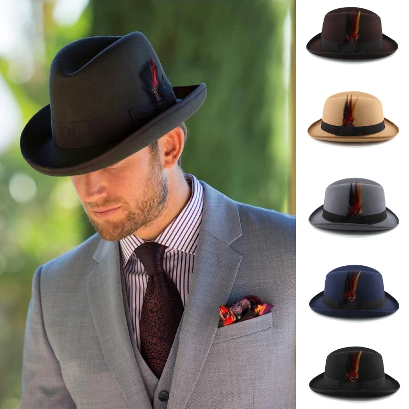 Men Women Wool Blend Classical Homburg Hats Feather Band Fedora Caps ...