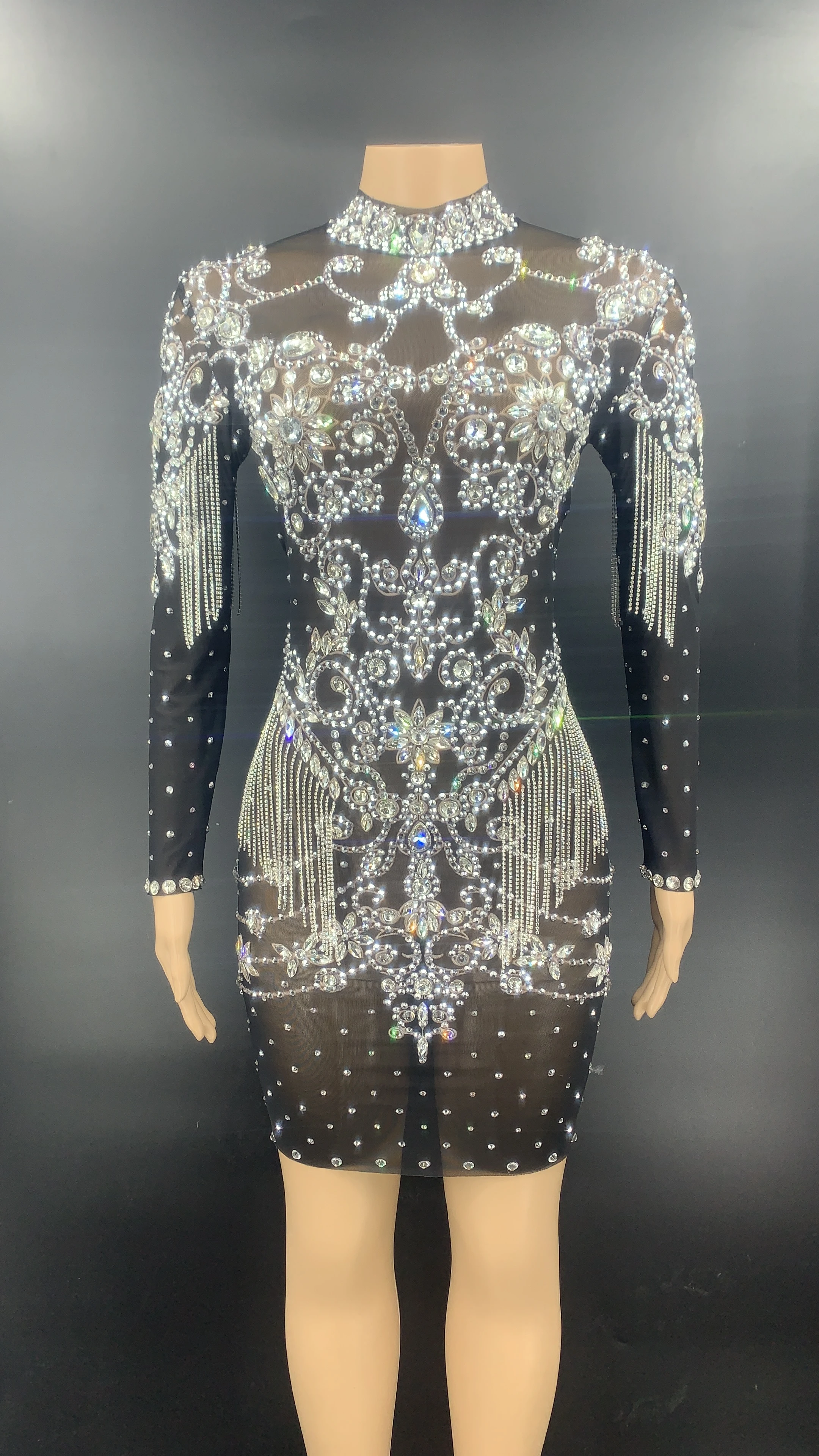 Sparkly Silver Crystals Chains Dress Black Stones Fringes Female Singer ...