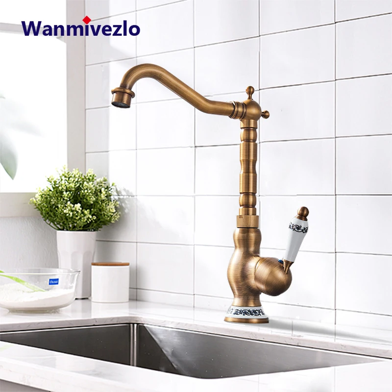 Blue And White Porcelain Handle Kitchen Faucet Antique Brass Deck Mount ...