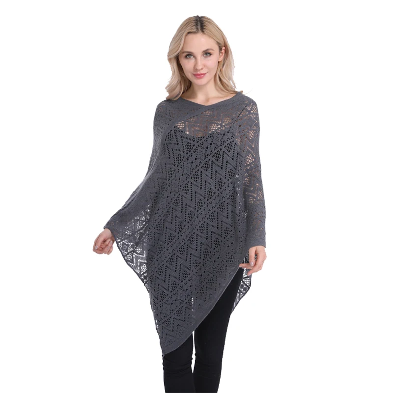 여성 풀오버 케이프 할로우 플라워 니트 판초 케이프 새로운 브랜드 배트윙 슬리브 숄 선스크린 솔리드 망토 2020