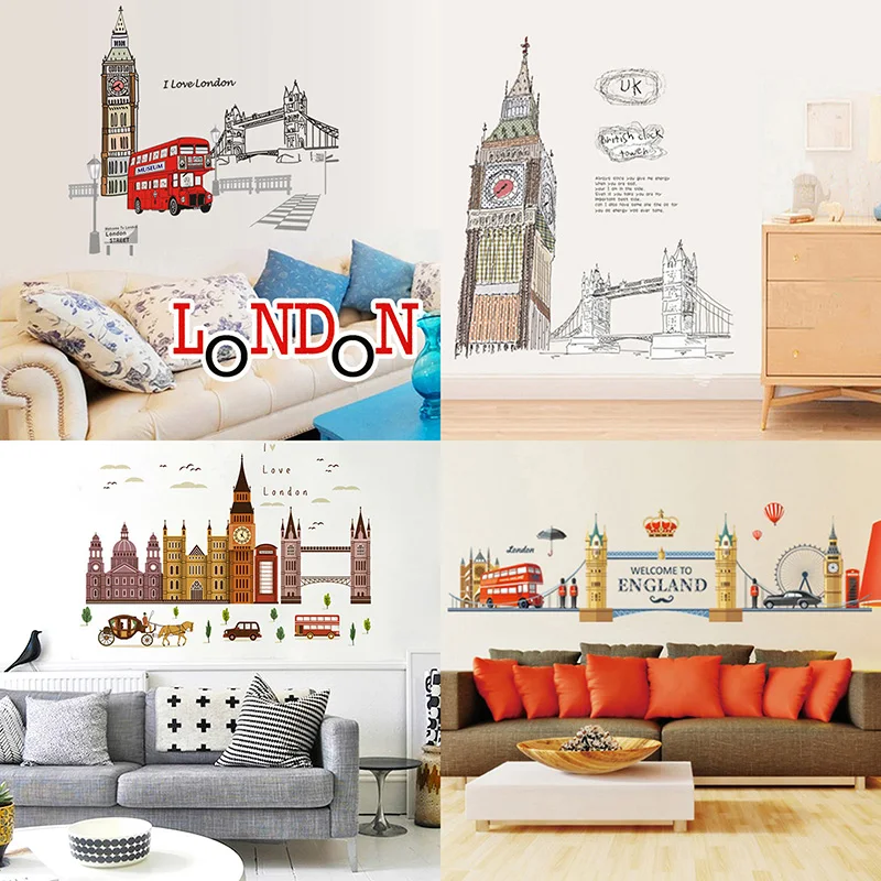 London Wall Decals City Silhouette England Building Vinyl Murals Living ...