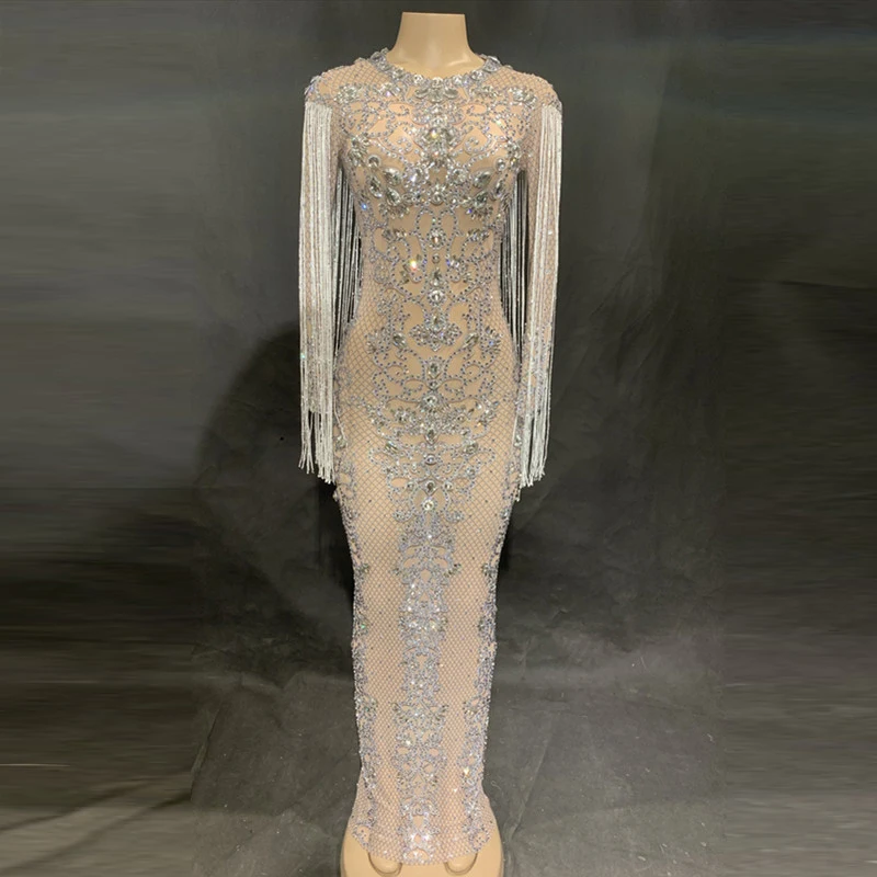 Mesh Perspective Sparkly Crystals Long Dress Evening Party Rhinestones ...